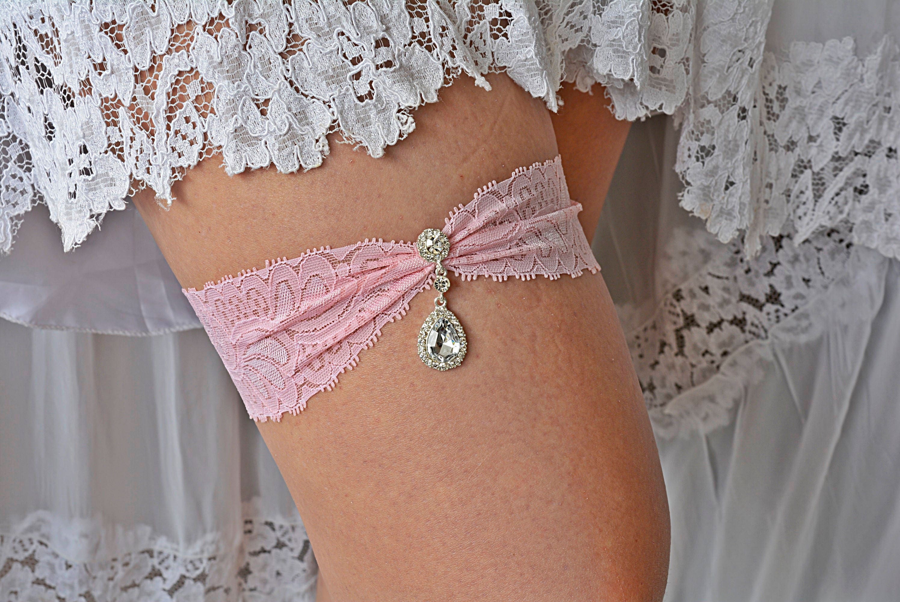 Bridal Garter Pink Lace Garter Set For Wedding Garter Belt Rhinestone