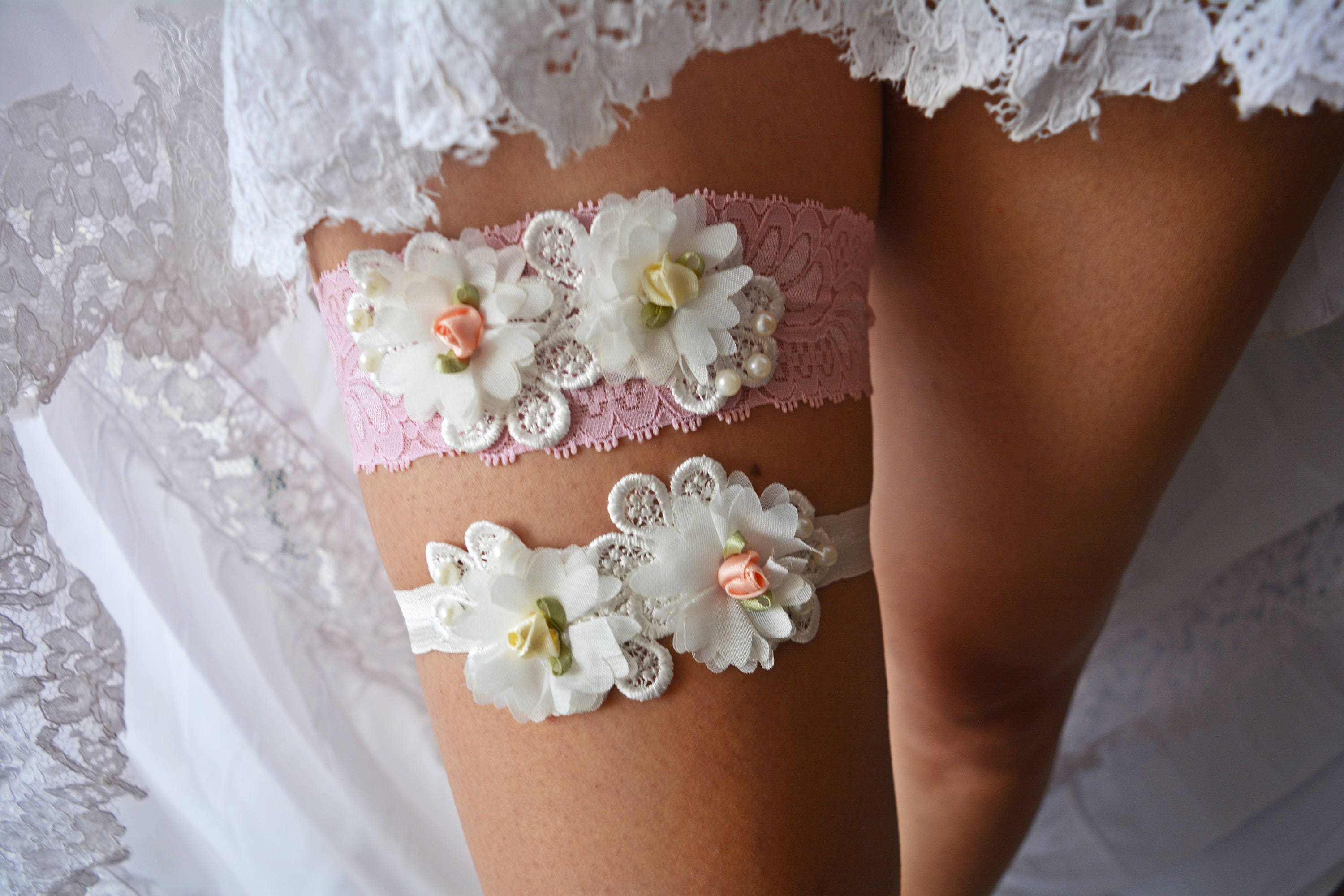 Rustic Bridal Garter Pink Wedding Garter Lace Garter Set | Etsy