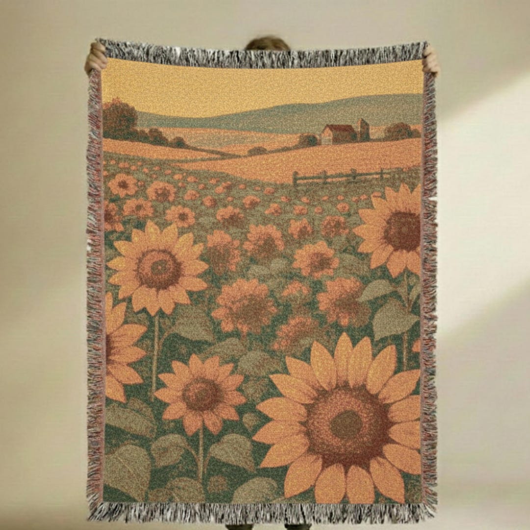 Kansas Sunflower Fields Woven Blanket, Prairie Throw, Farmhouse Decor ...