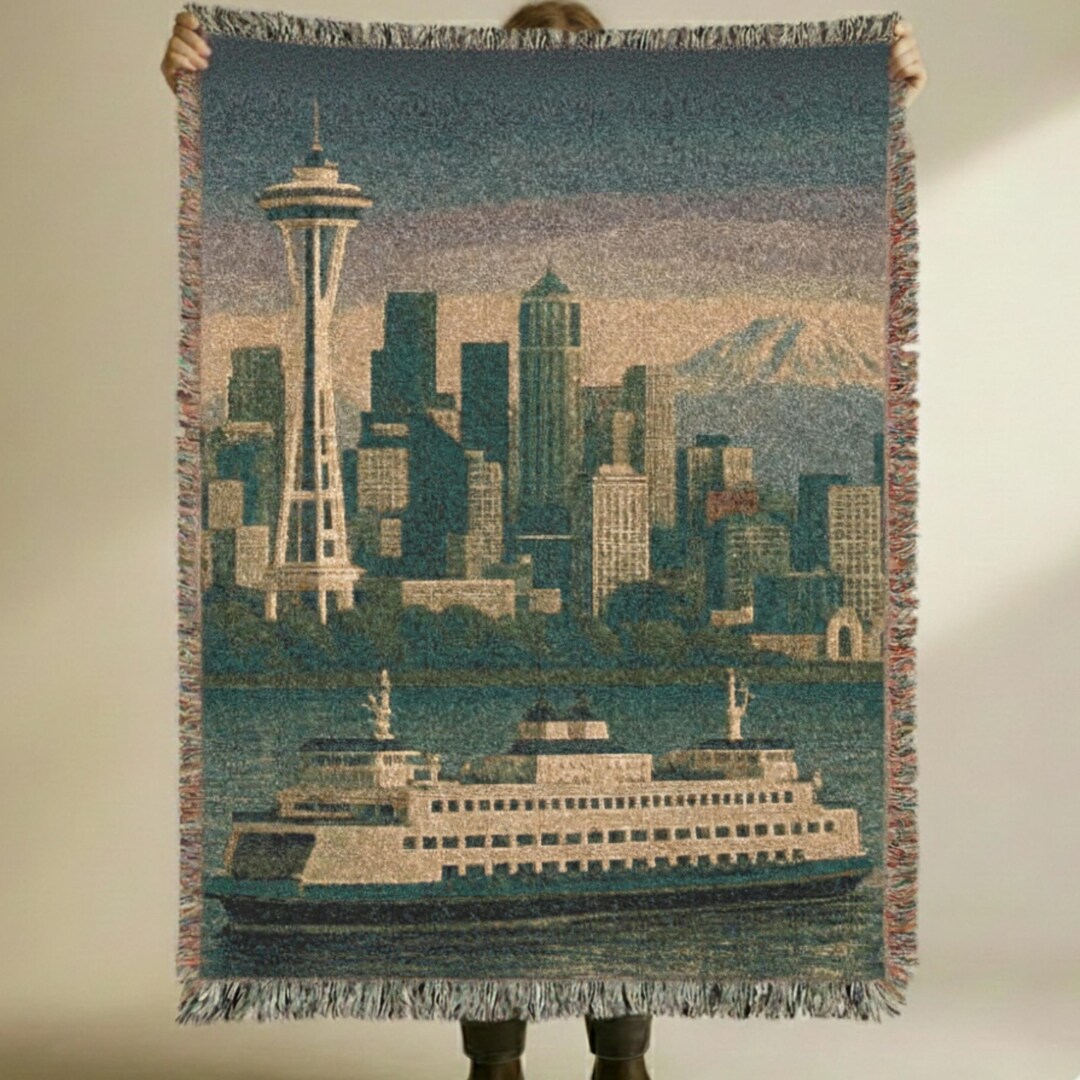 Seattle Skyline Ferry Boat Woven Throw Blanket | Nautical Cityscape PNW ...