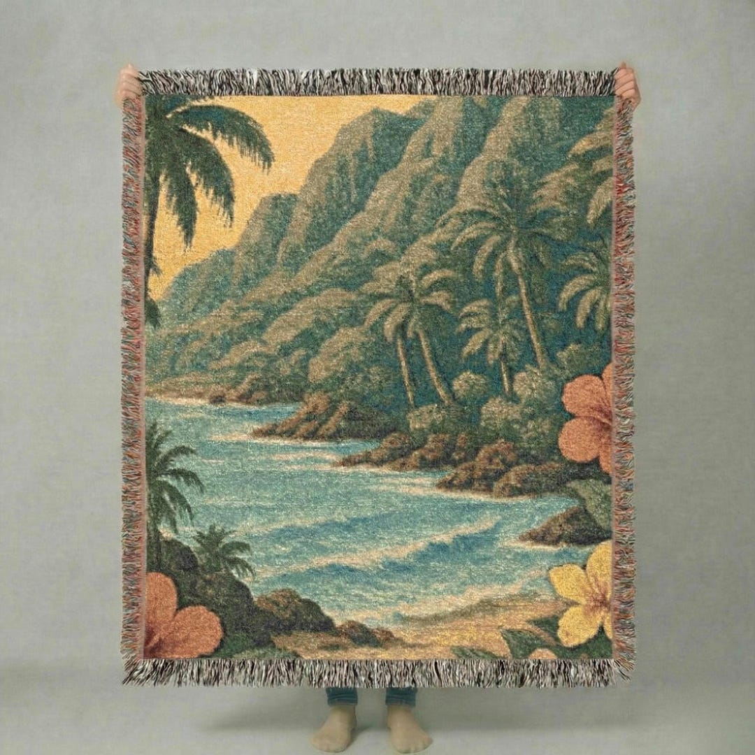 Hawaii Tropical Landscape Woven Blanket | Island Sunset Palm Tree ...