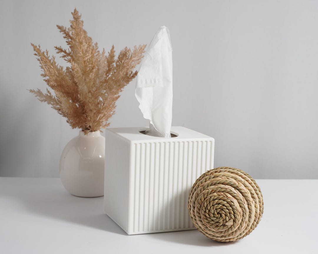 White Fluted Tissue Box Cover – Modern 3D Printed Square Tissue Holder ...