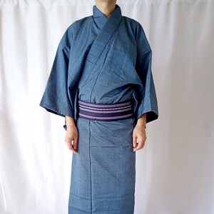Japanese Men's Kimono Robe in Marine Blue Size L, Vintage Tsumugi Silk ...