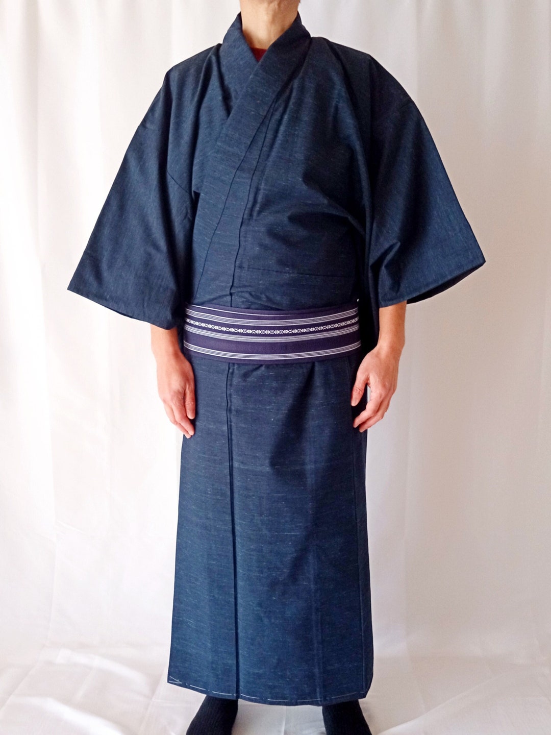 Japanese Men's Kimono Robe in Dark Blue Size M, Vintage Tsumugi Silk ...