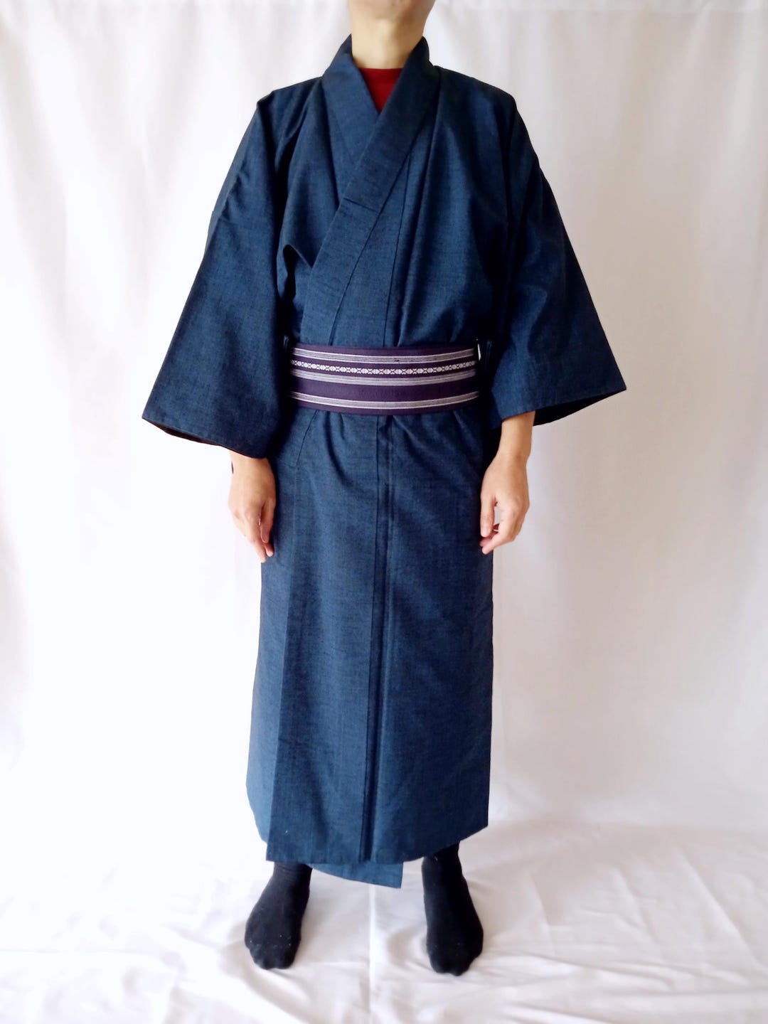 Japanese Men's Kimono Robe in Dark Blue Size M, Vintage Tsumugi Silk ...