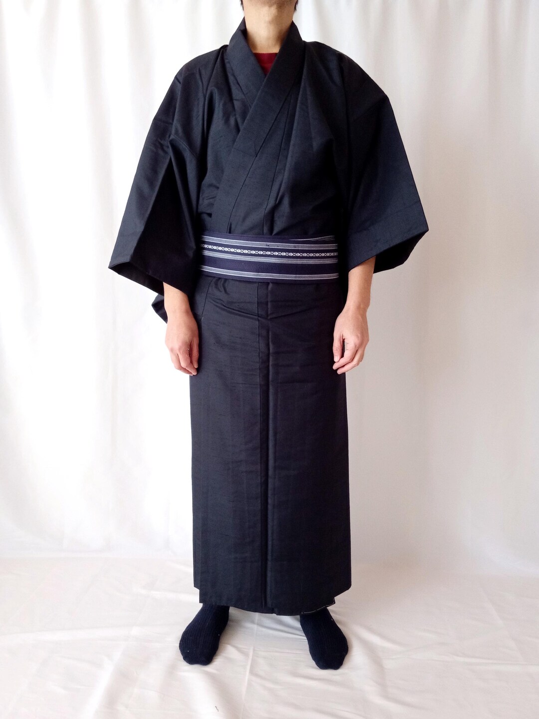 Japanese Men's Kimono Robe in Oxford Blue Size L, Vintage Tsumugi Silk ...