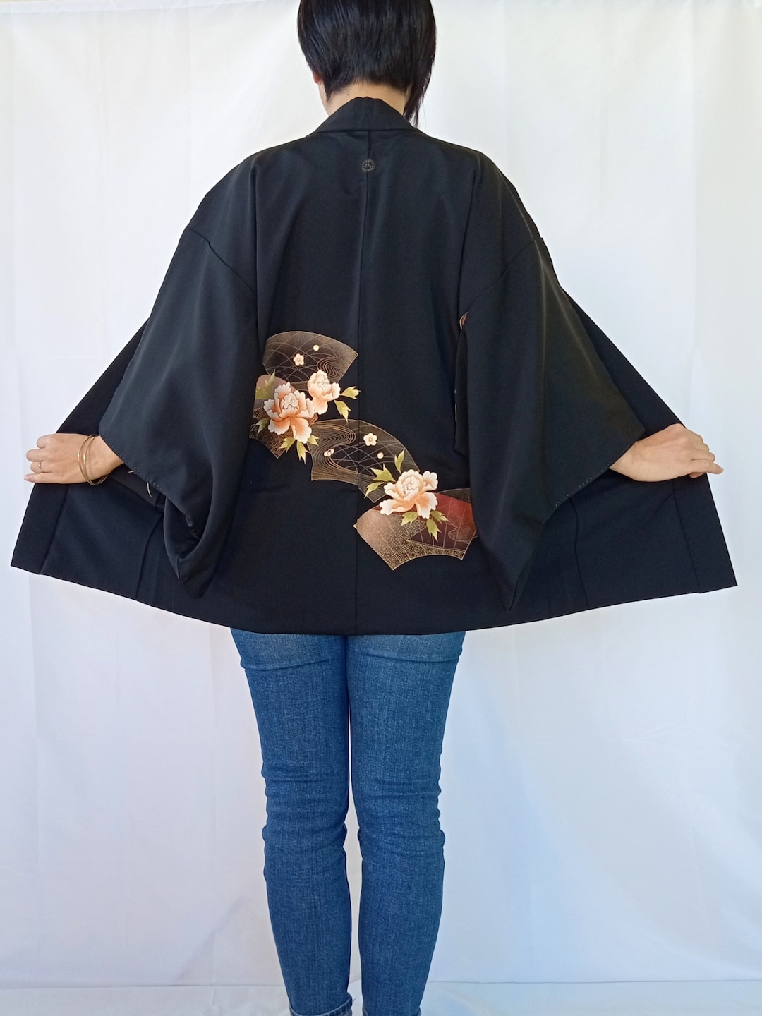 Black Silk Haori Kimono Jacket for Women With Hand Painted Floral Fan ...