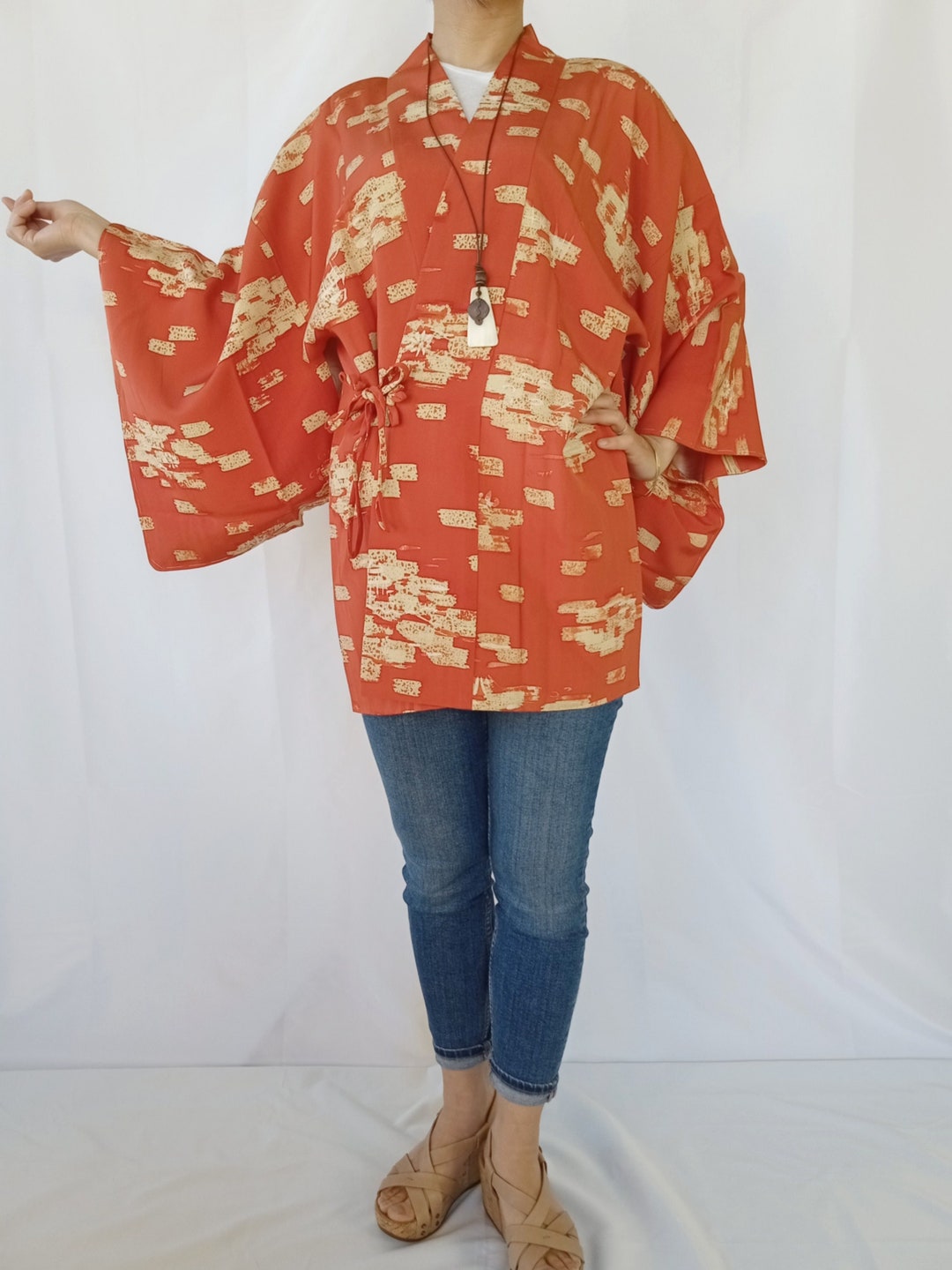 Japanese Women's Silk Kimono Jacket, Orange Silk Dochugi Haori Jacket ...
