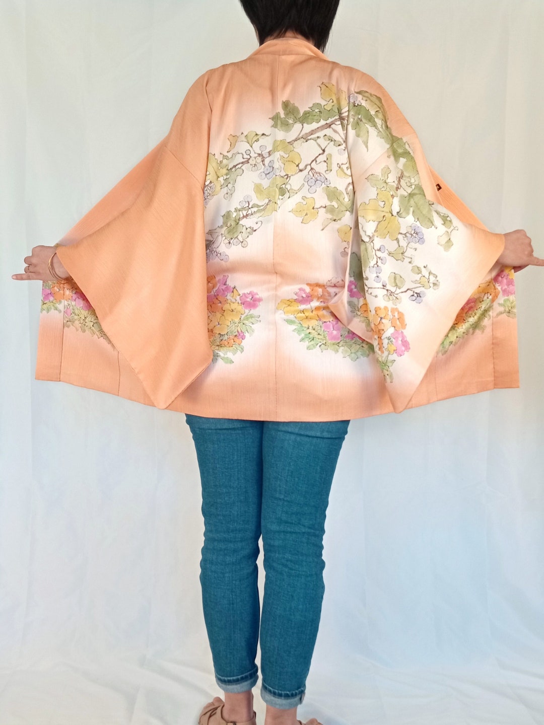 Peachy Orange Japanese Women's Silk Kimono Jacket Size L ,vintage Silk ...