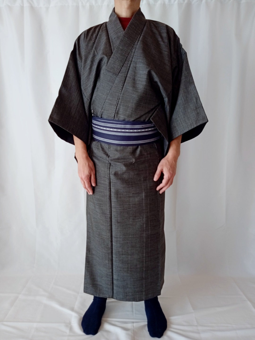 Japanese Men's Kimono Robe Size M, Vintage Dark Gray Oshima Tsumugi ...