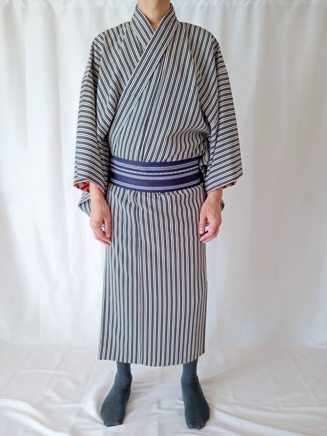 Black and White Striped Men's Kimono Size L, Vintage Japanese Kimono ...
