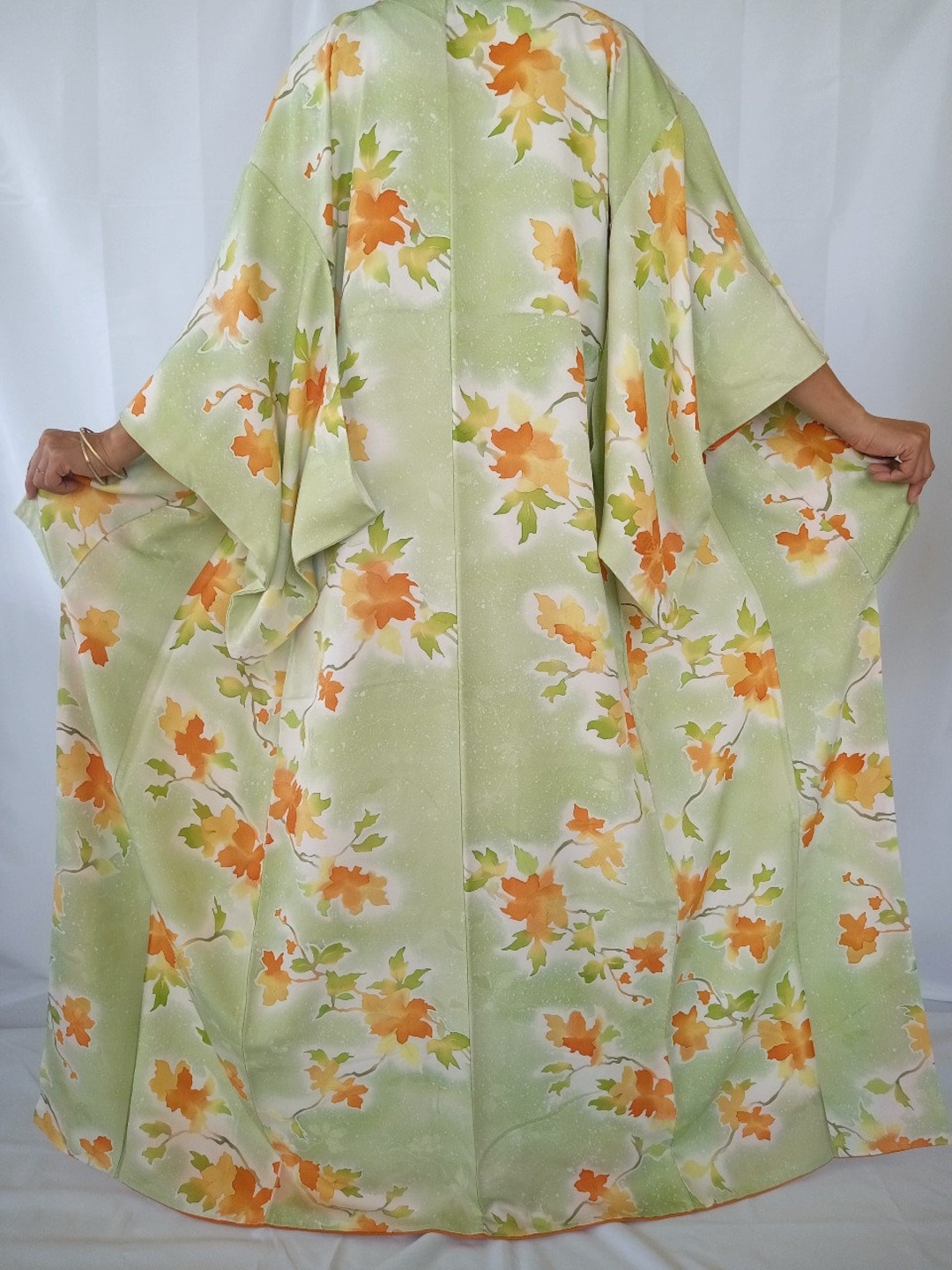 Green Silk Kimono Dress for Women, Vintage Authentic Japanese Robe ...