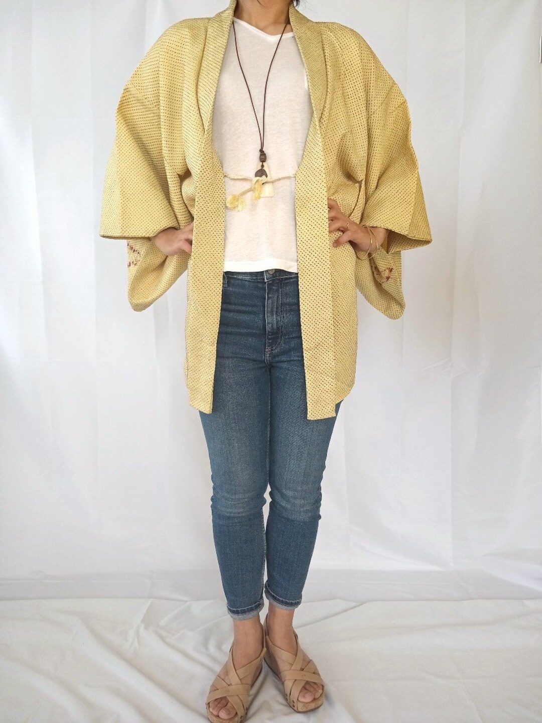 Vintage Shibori Silk Haori: Yellow Cloud Motif Kimono Cardigan - Size L ...