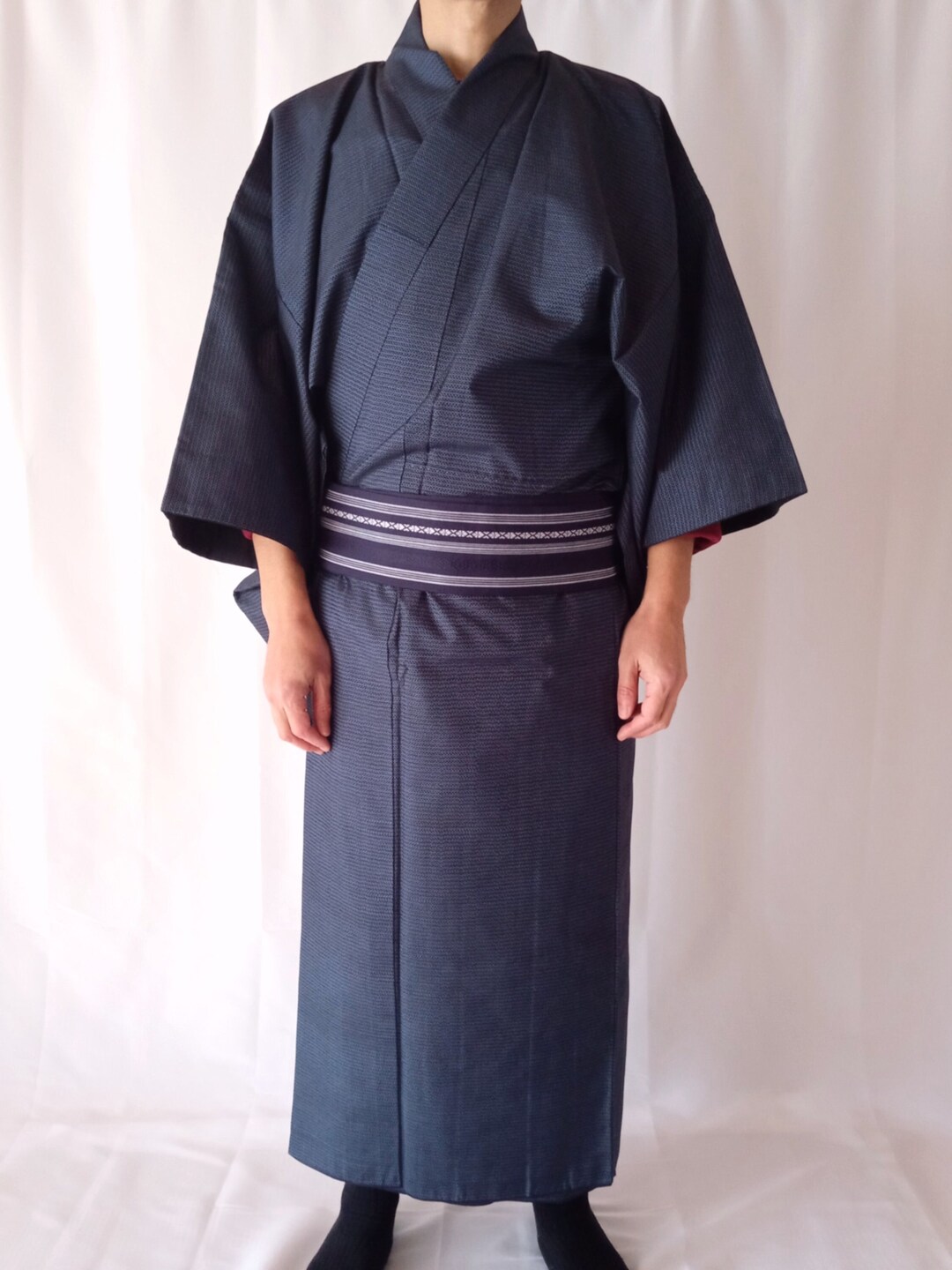 Japanese Men's Kimono Robe in Dark Blue Size L, Vintage Oshima Tsumugi ...