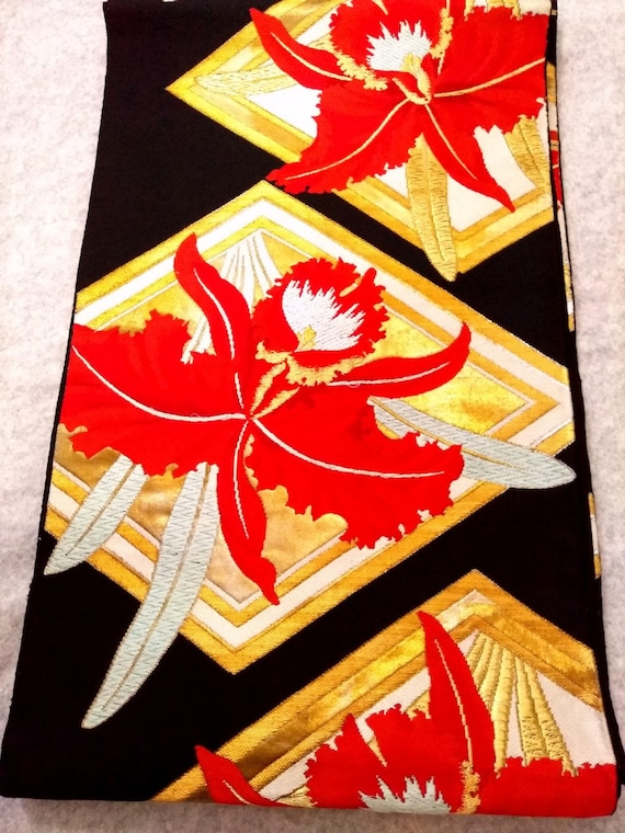 Japanese Obi Kimono Black Red Gold Silk Obi Belt Table | Etsy