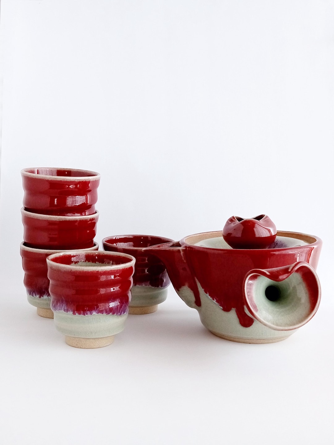 Vintage Japanese Ceramic Tea Set – 1990s Red Beige Kyusu Teapot and 5 ...