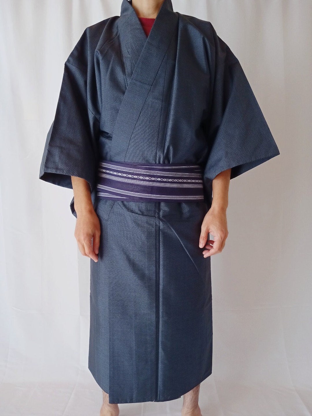 Japanese Men's Kimono Robe in Blue Gray Size M, Vintage Oshima Tsumugi ...