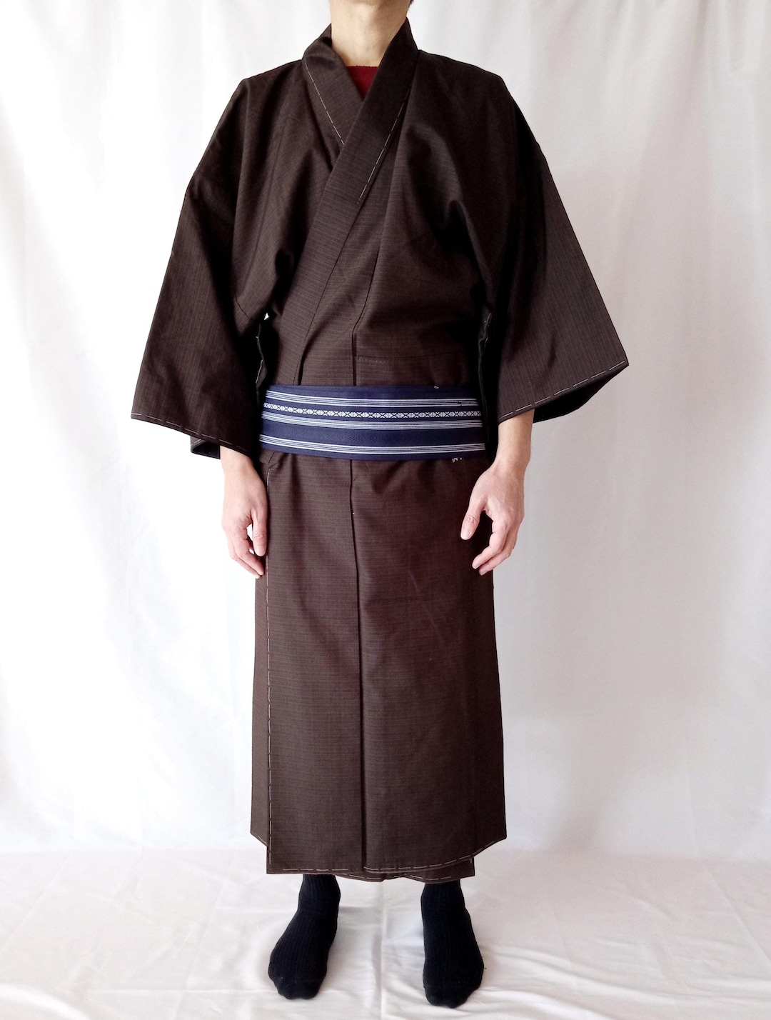 Japanese Men's Kimono Robe in Dark Brown Size L, Vintage Tsumugi Silk ...