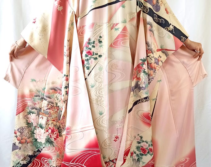 Reserved - Vintage Silk Furisode Kimono | Pink Red Japanese Kimono ...