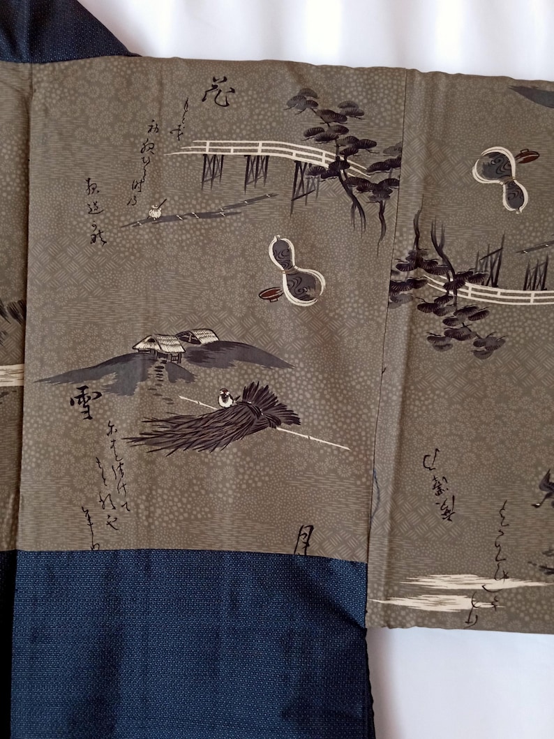 Vintage Oshima Tsumugi Silk Haori: Indigo Kimono Jacket With Scenic ...