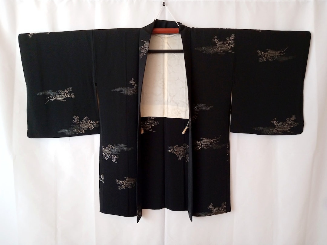 Black Silk Haori Kimono Jacket for Women With Embroidered Gold Floral ...