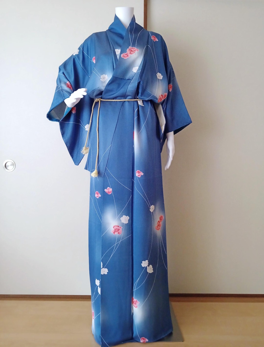 Blue Japanese Silk Kimono Robe for Women Size M, Vintage Japanese Komon ...