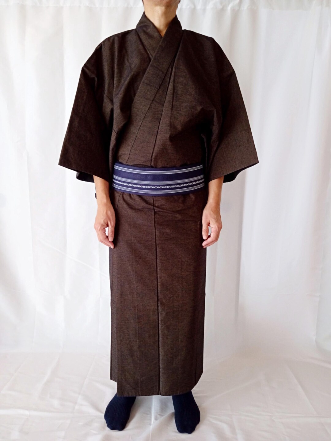 Japanese Men's Kimono Robe in Brown Size M, Vintage Tsumugi Silk Kimono ...