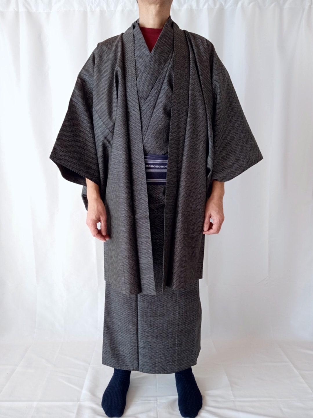 Japanese Men's Kimono Robe Haori Jacket Set Size M, Vintage Dark Gray ...