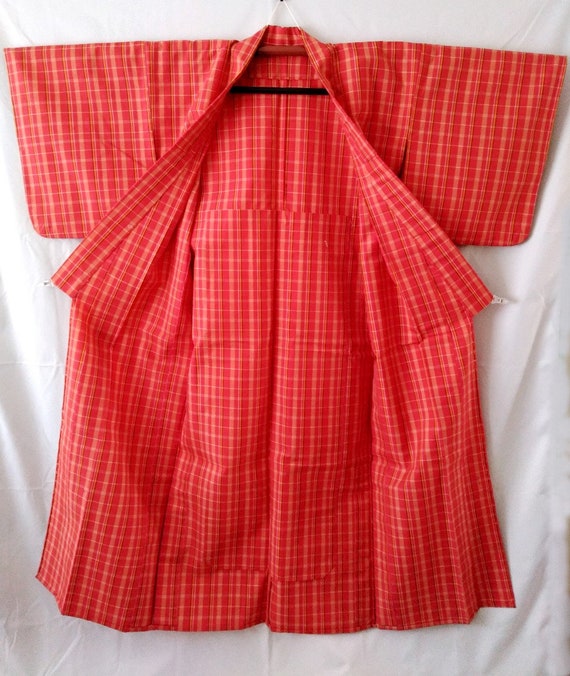 Japanese Wool Kimono, Red Checkered Tartan Kimono, Vi… - Gem