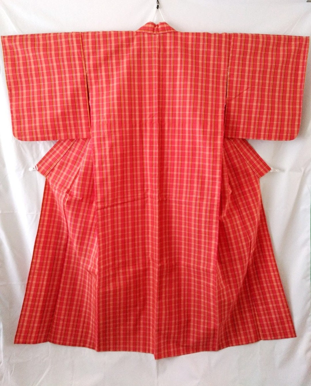 Japanese Wool Kimono, Red Checkered Tartan Kimono, Vintage Japanese ...