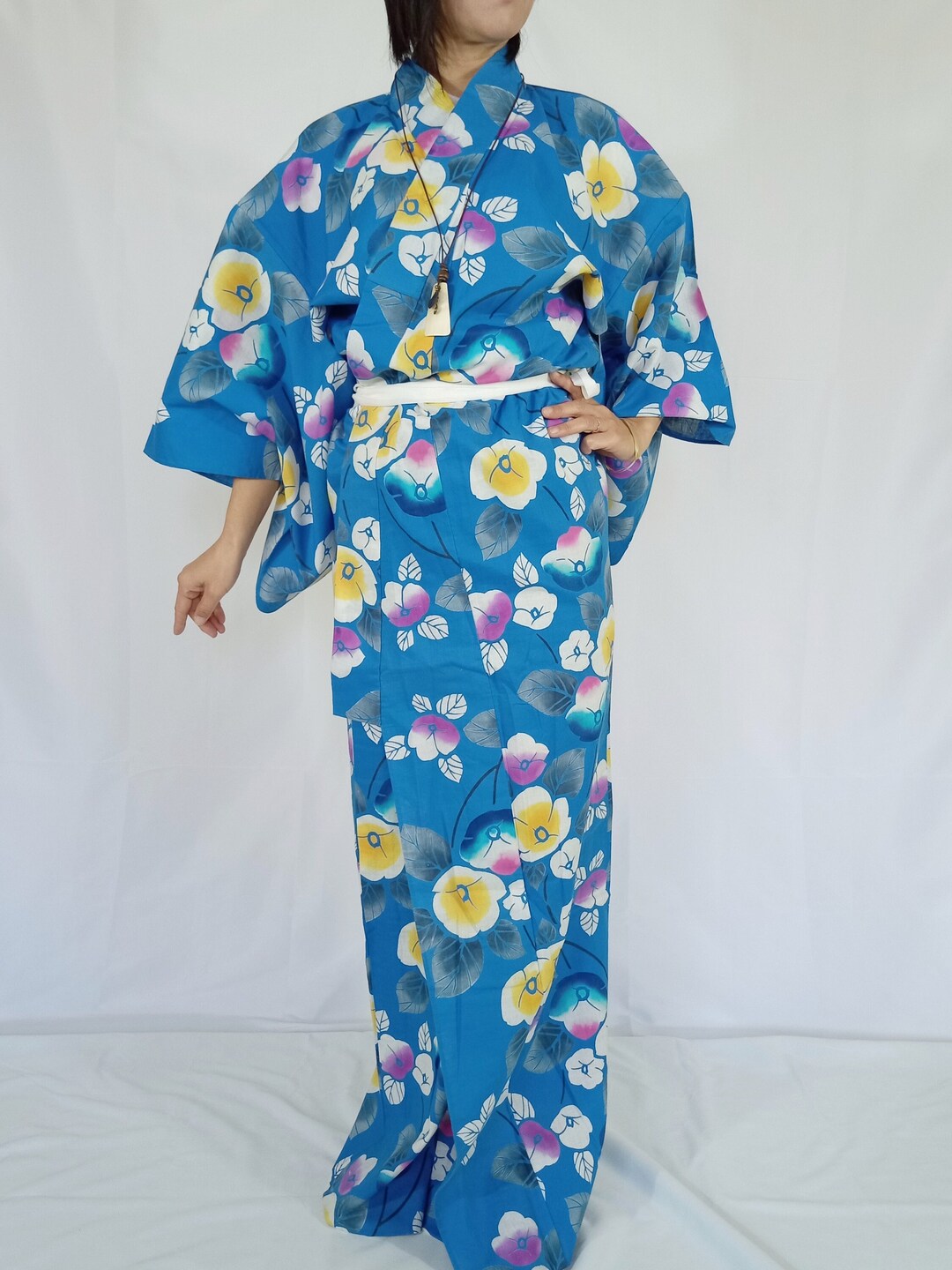 Japanese Blue Yukata Summer Kimono Robe With Camellia Cotton - Etsy