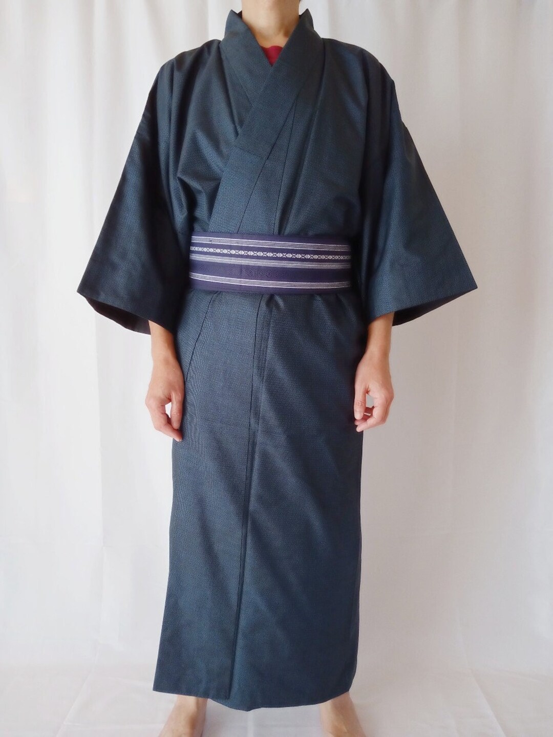 Japanese Men's Kimono Robe in Blue Gray Size M, Vintage Oshima Tsumugi ...