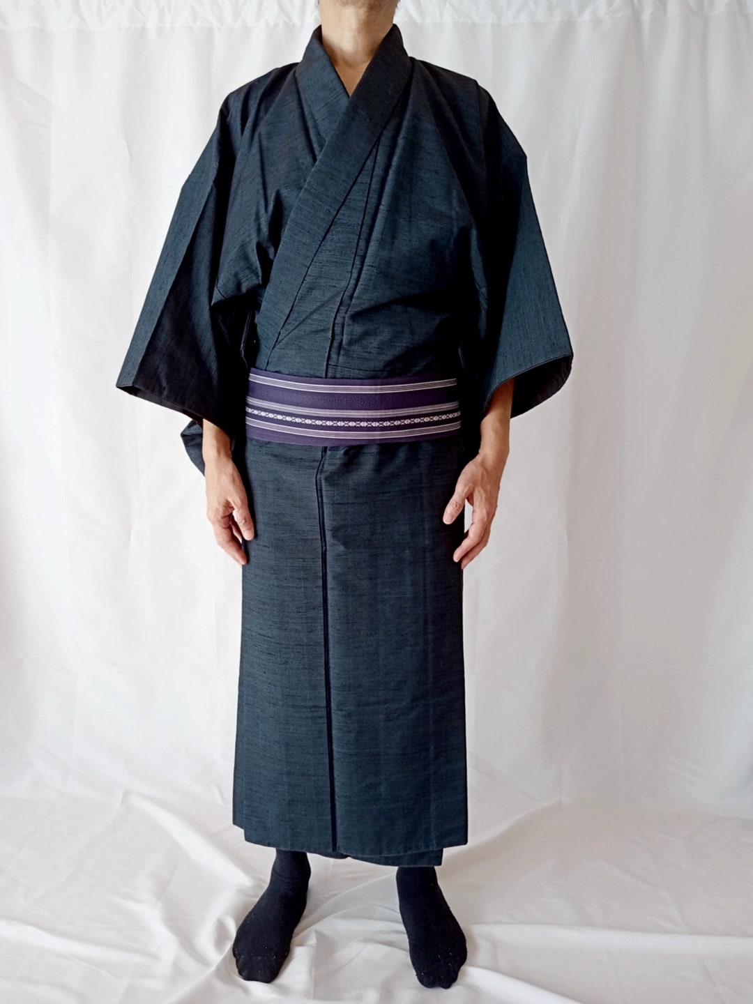 Japanese Men's Kimono Robe in Dark Cyan Blue Size M, Vintage Tsumugi ...