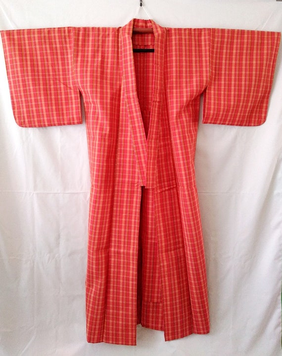 Japanese Wool Kimono, Red Checkered Tartan Kimono, Vi… - Gem