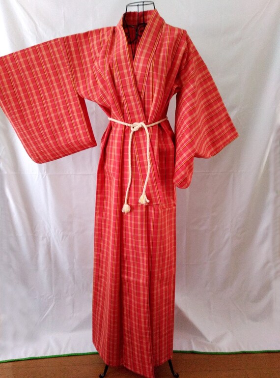 Japanese Wool Kimono, Red Checkered Tartan Kimono, Vi… - Gem