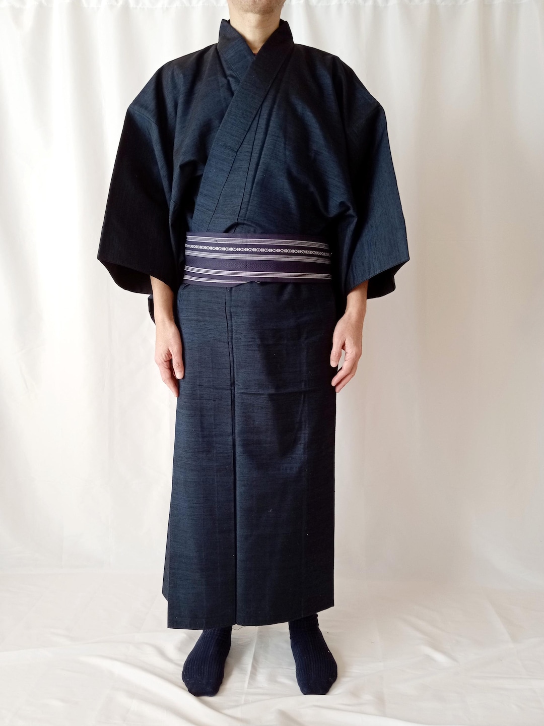 Japanese Men's Kimono Robe in Dark Navy Blue Size M, Vintage Tsumugi ...