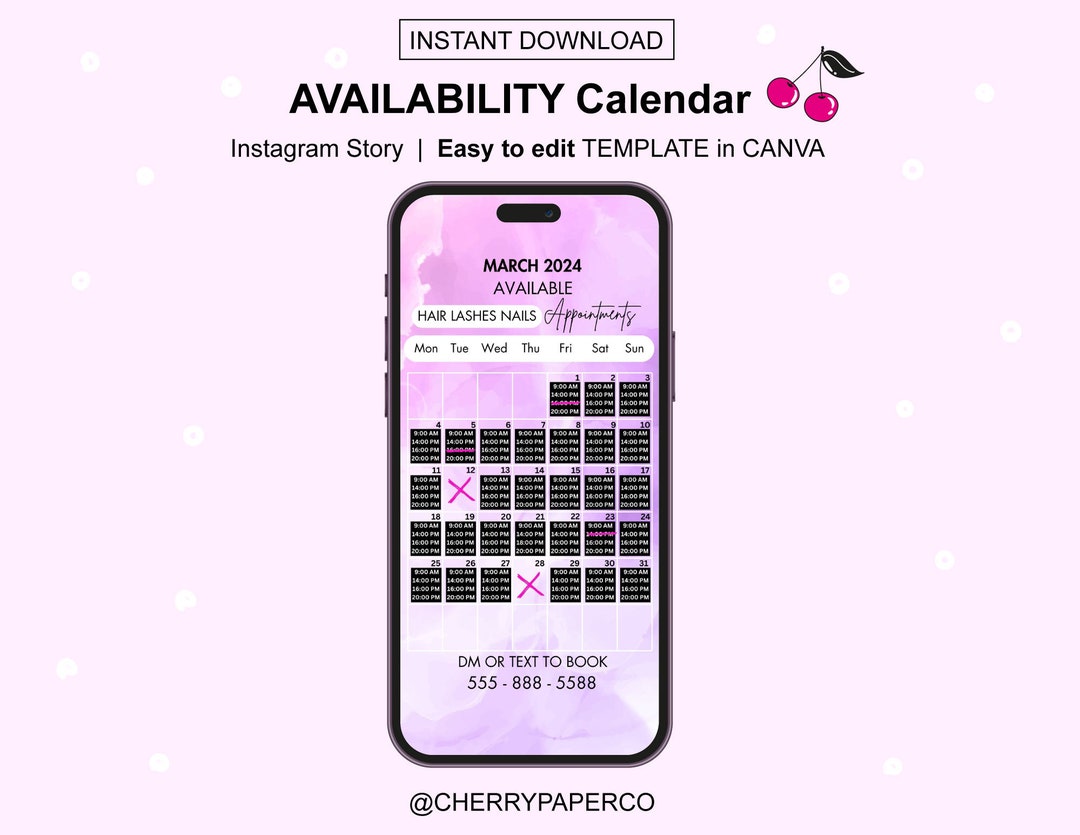 Instagram Story Availability Calendar March, Nail Tech Booking ...