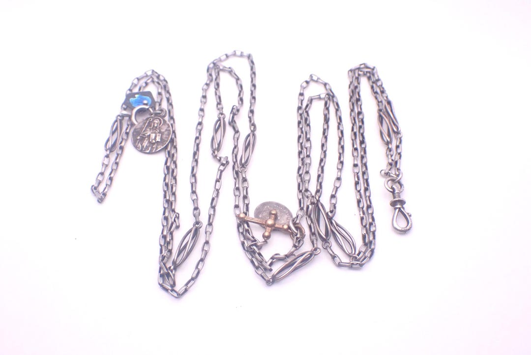 Antique 800 Silver Long Muff Guard Chain With Religious Medals and ...