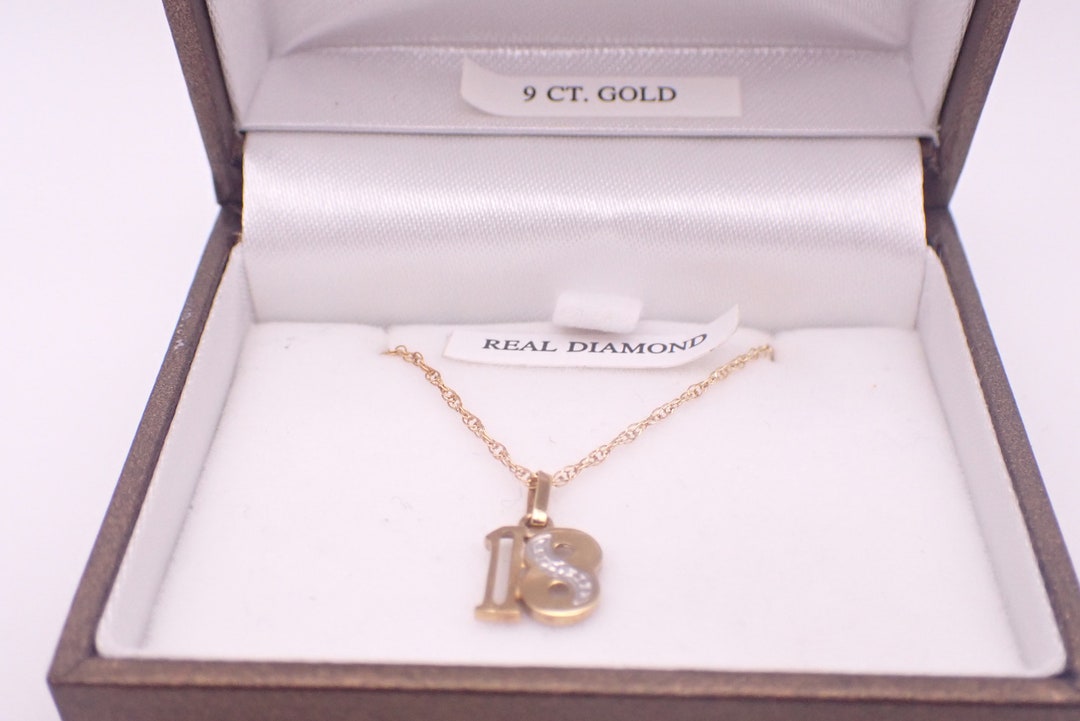 9ct Gold & Diamond Number 18 Pendant Charm Necklace 375 Chain ...