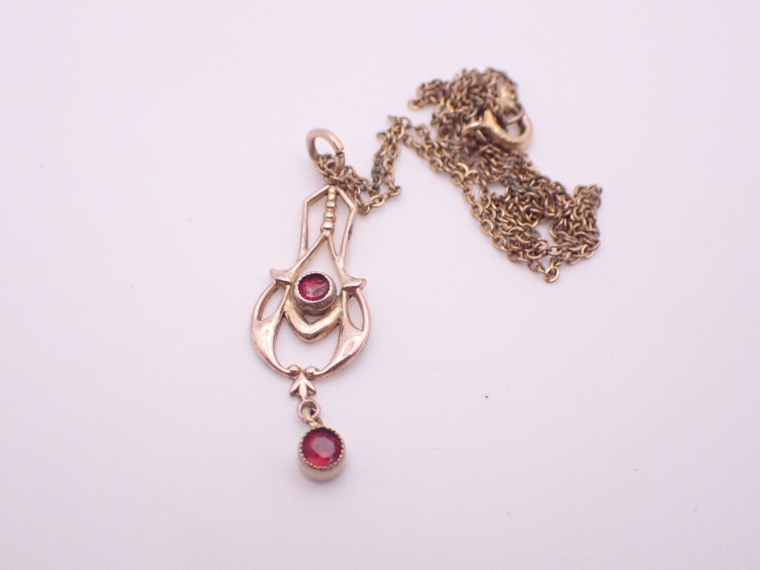 Art Nouveau Rolled Gold Red Stone Pendant Charm on Rolled Gold Chain ...