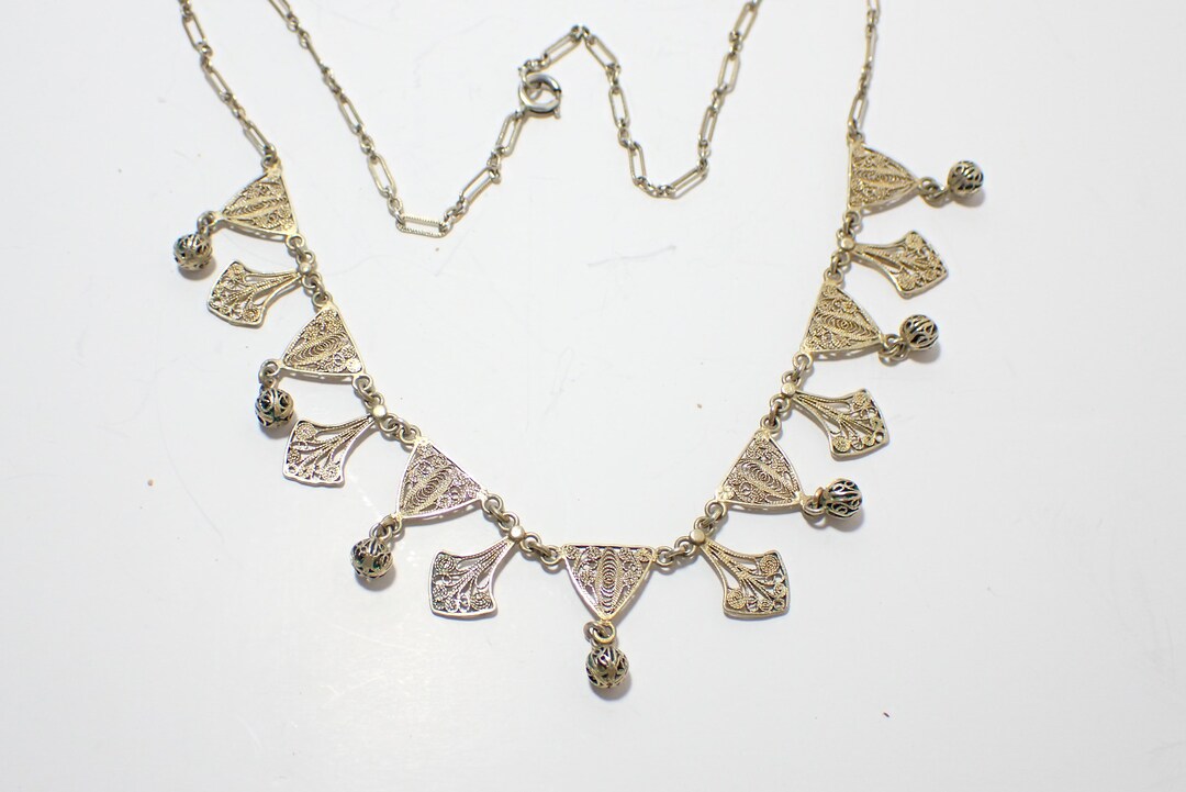 French Art Deco 18ct Gold PL Festoon Necklace Chain Filigree Pannel ...
