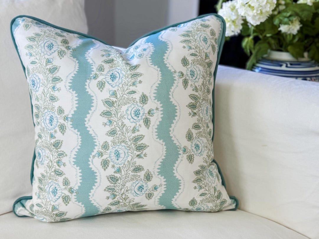 Whitney English Mint Blue Floral Stripe Pillow Cover - Grandmillennial ...