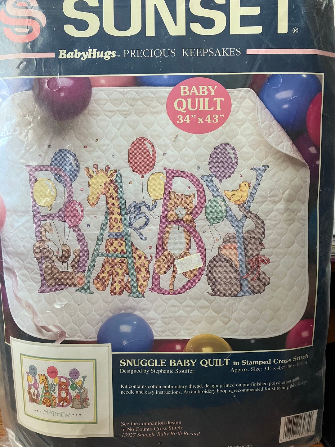 Snuggle Design Spells Out BABY With Animals & Balloons/cross Stitch Quilt Kit/ Dimension-sunset ...