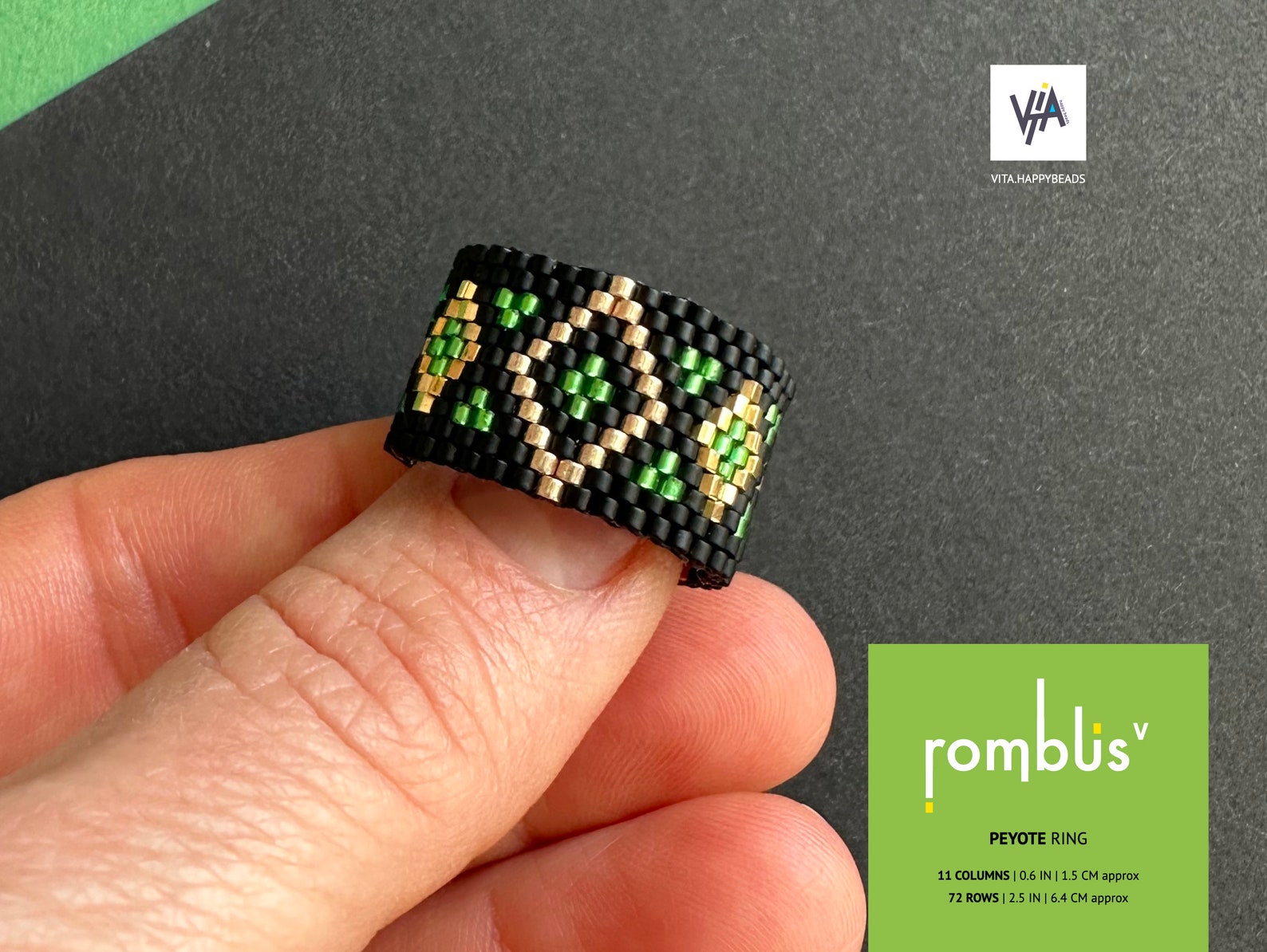 Peyote Ring Pattern, Ring Black Bead Tutorial, Geometric Beaded Ring ...