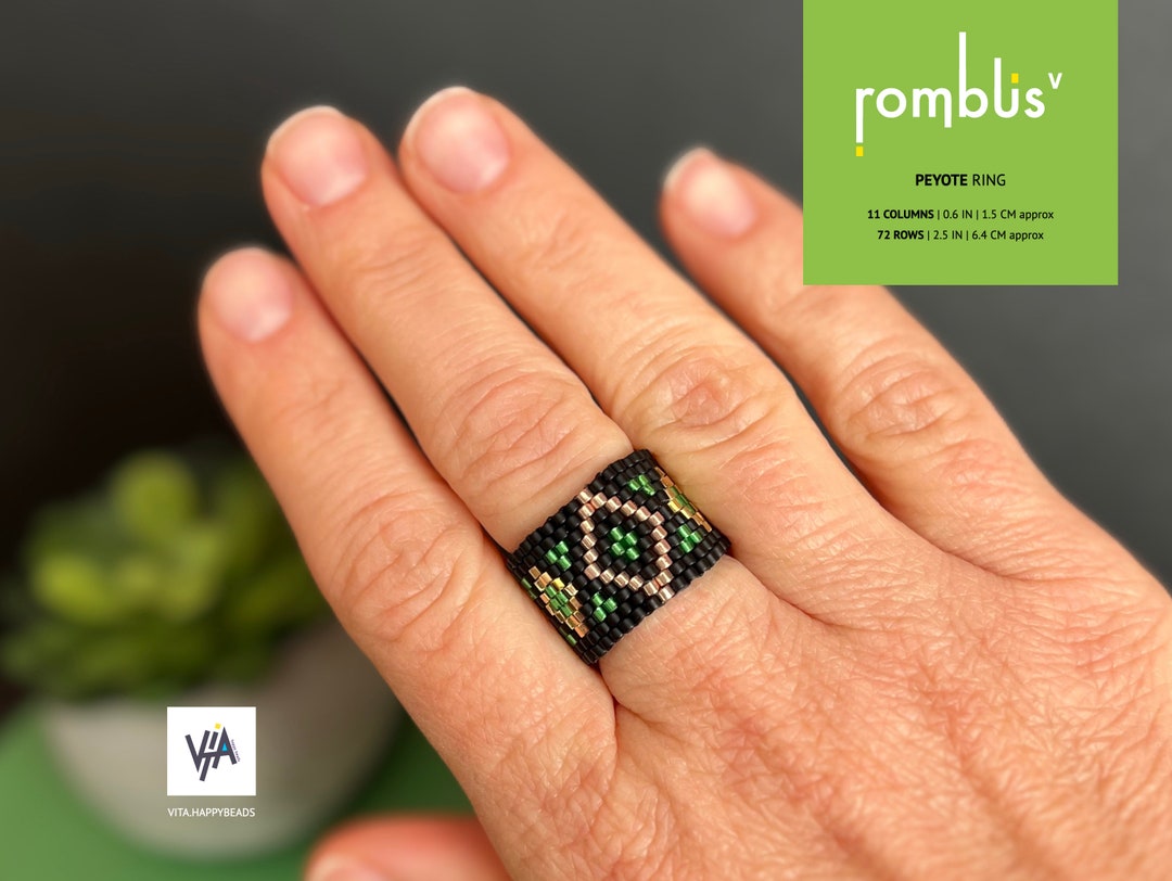 Peyote Ring Pattern, Ring Black Bead Tutorial, Geometric Beaded Ring ...