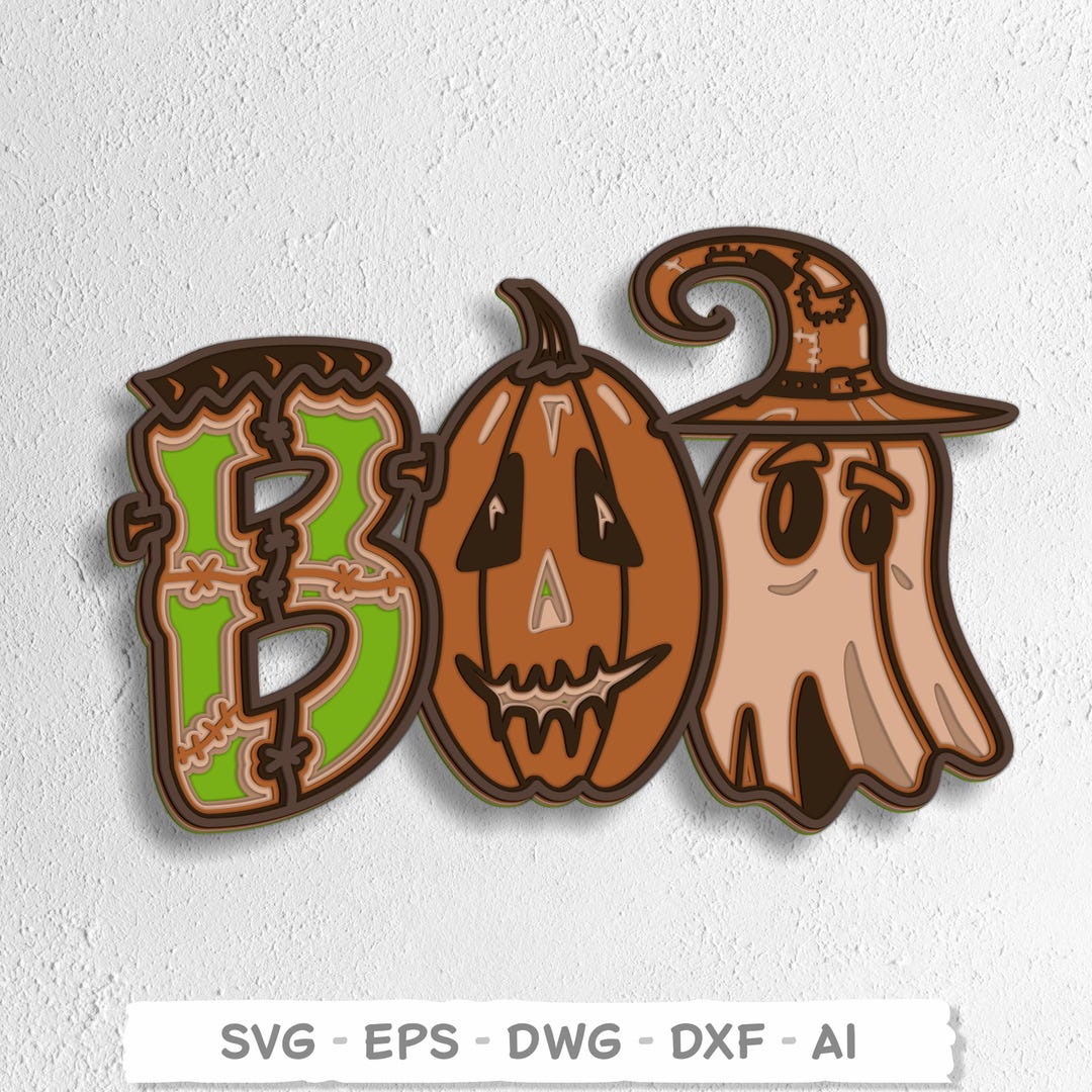 3D Layered Halloween BOO Sign SVG: Ghost, Pumpkin, Frankenstein Cut ...
