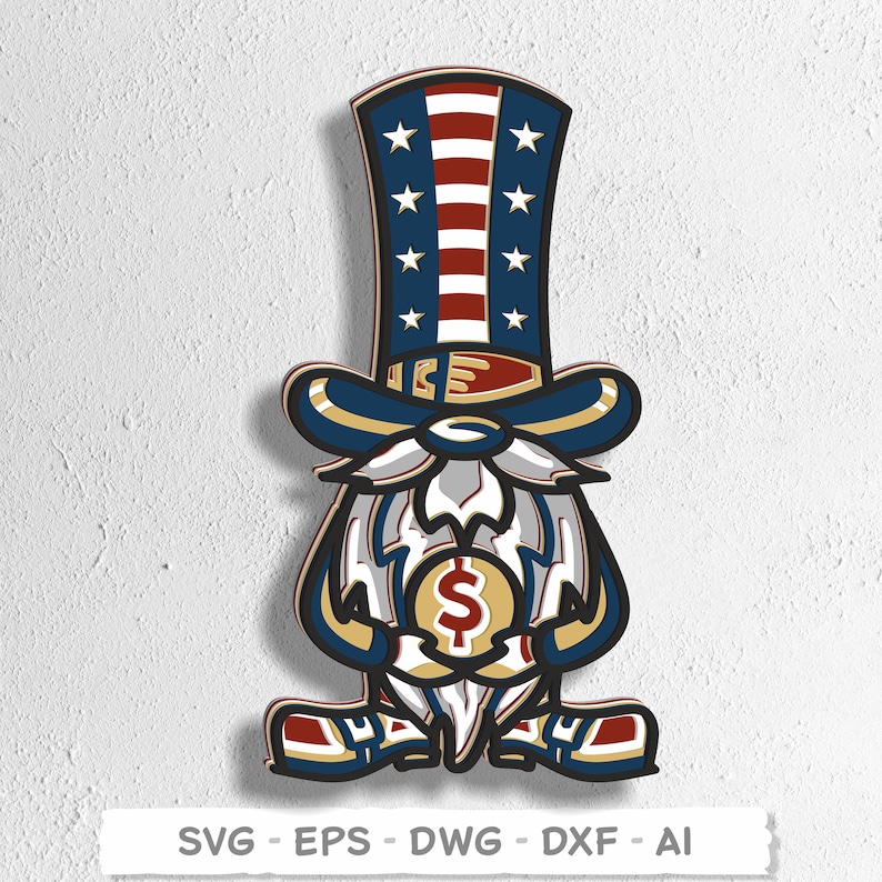 Patriotic Money Gnome 3D Layered SVG | Uncle Sam Gnome Laser Cut File ...