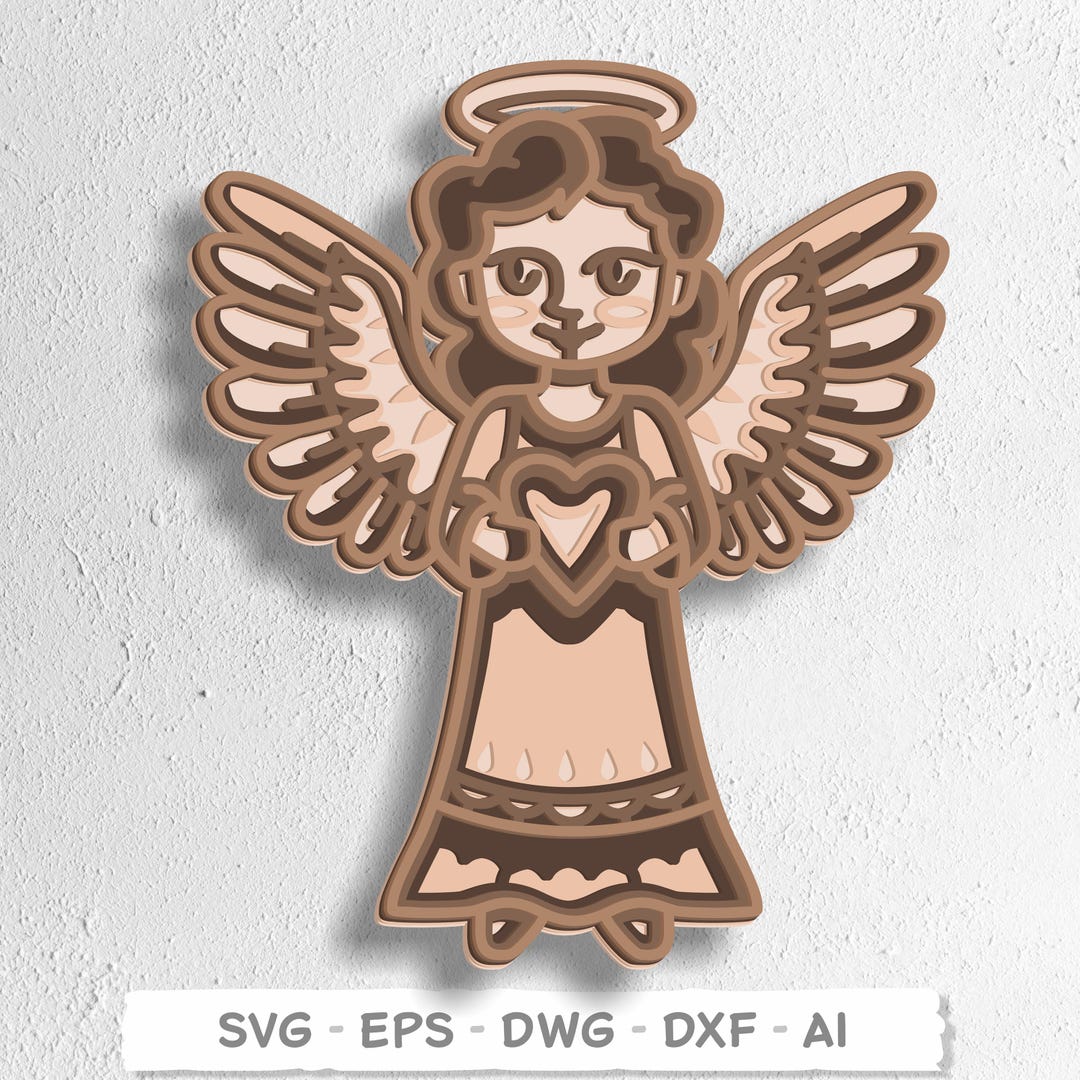Layered Angel SVG — Cute Guardian Angel With Heart, Christian Wall Art ...