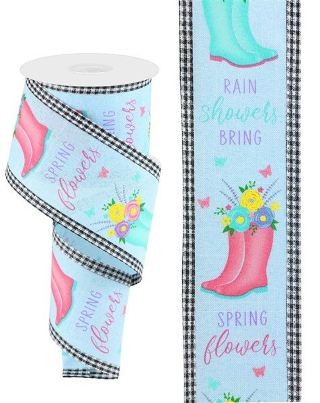 2.75"x10y Rainboot/floral W/gingham Edge, Rainboot Ribbon - Etsy