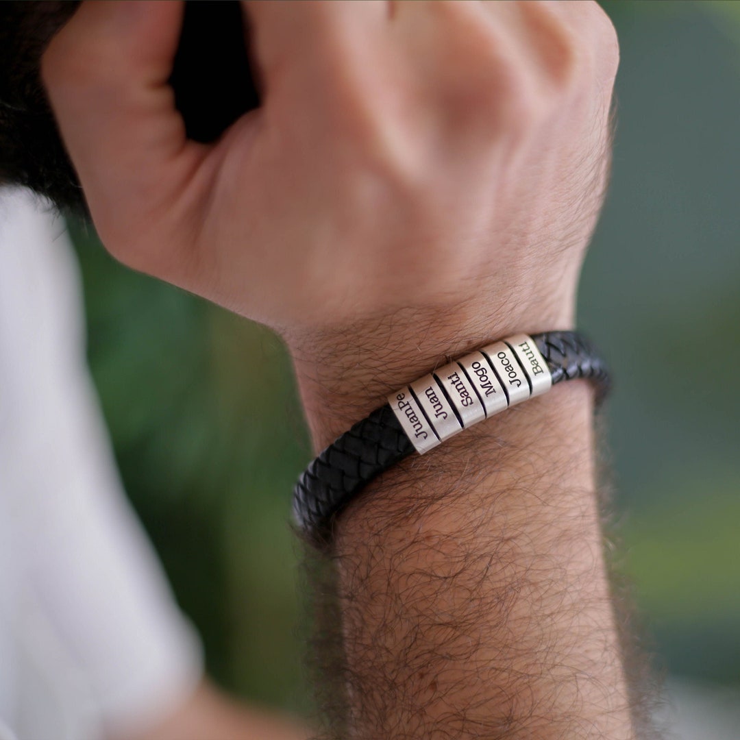 Mens Leather Bracelet for Fathers Day Gift, Personalized Gift for Him ...